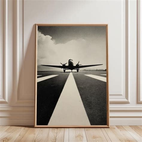 Black White Airplane Poster Vintage Aviation Runway Photo Minimal