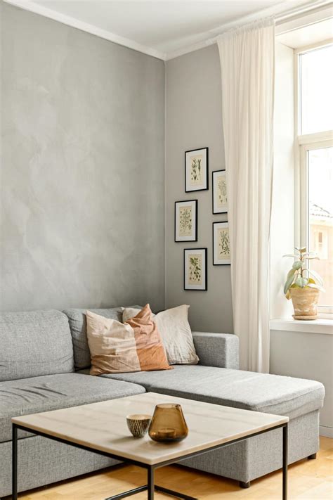 가벼운 거실 구성 그레이 깨끗한 단순한 대조 디자인 모서리 미니멀리스트 배열 베개 소파 스타일리시한 식물 아늑한 아파트 예술 우아한 우주