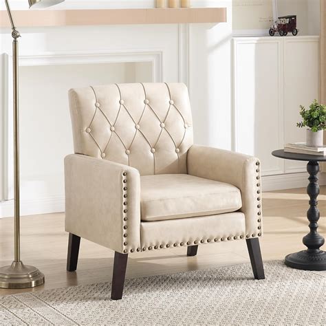 Abbrevi Mid Century Modern Accent Chair Ivory Faux Leather Office Chair For