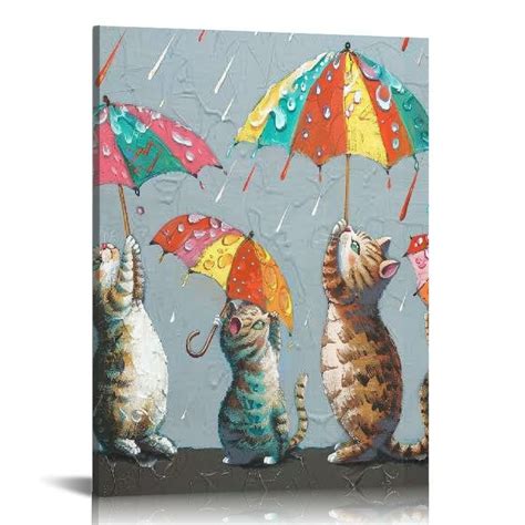 Pikweek Colorful Cat Canvas Art Cute Kitty Dancing With Umbrella Cat