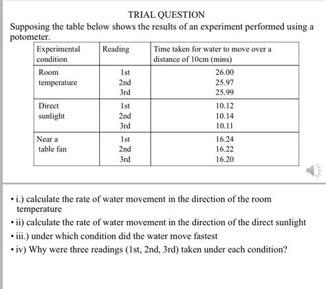 Supposing The Table Below Shows The Results Of An Experiment Performed Using A Potometer Trial