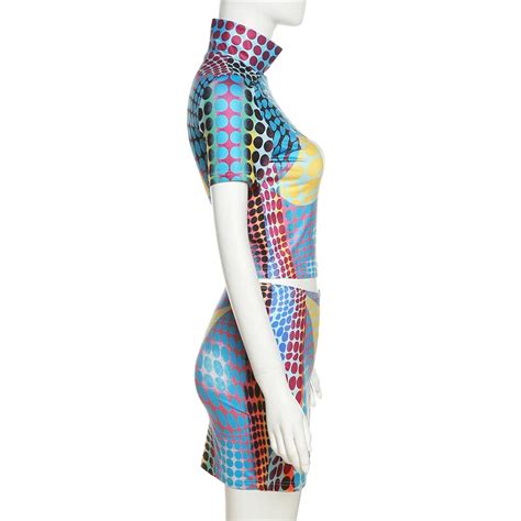 Kliou K22s25196 Colorful Dot Print 2 Piece Set Women Short Sleeve Bare