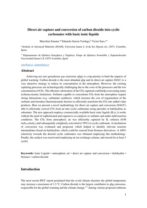 Pdf Direct Air Capture And Conversion Of Carbon Dioxide Into Cyclic Carbonates With Basic
