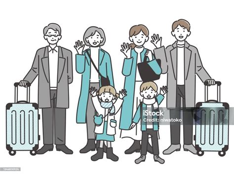 가을과 겨울에 외출하는 좋은 친구의 3 세대 벡터 일러스트 소재 아이콘 부모와 자식 여행 가정 생활에 대한 스톡 벡터 아트 및