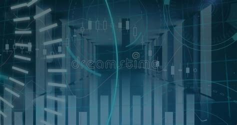 image of scope scanning with 5g text and data processing over server room stock illustration