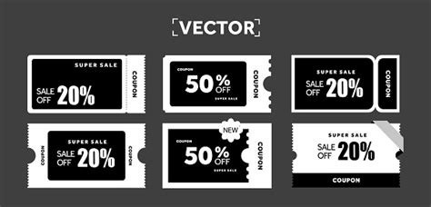 쿠폰 코드로 인쇄하기 위한 흑백 쿠폰 템플릿의 프리미엄 세트 백분율 할인 바우처 아이콘 세트 어두운 배경에 격리되어 있습니다 쿠폰 코드 세트입니다 벡터 일러스트 레이