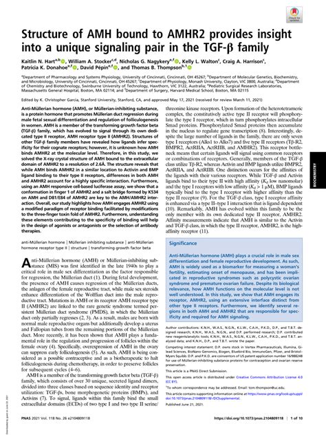 Pdf Structure Of Amh Bound To Amhr2 Provides Insight Into A Unique