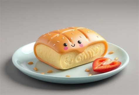 Cute Bread Character With A Smile And Strawberry Slice On A Blue Plate