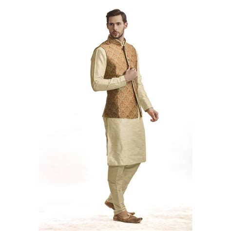 Gold Rust Indian Wedding Style Brocade Waistcoat Pajama Suit