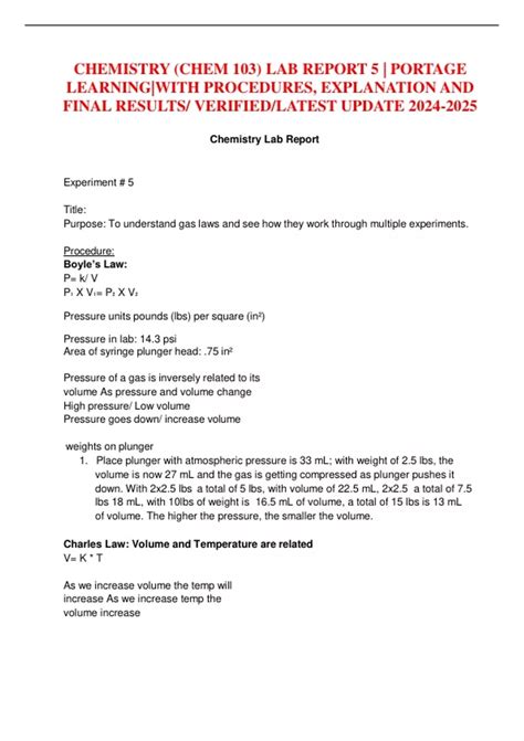 CHEMISTRY CHEM 103 LAB REPORT 5 PORTAGE LEARNING WITH PROCEDURES EXPLANATION AND FINAL