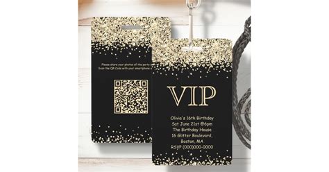 Black And Gold Glitter Vip Birthday Invitation Id Badge Zazzle