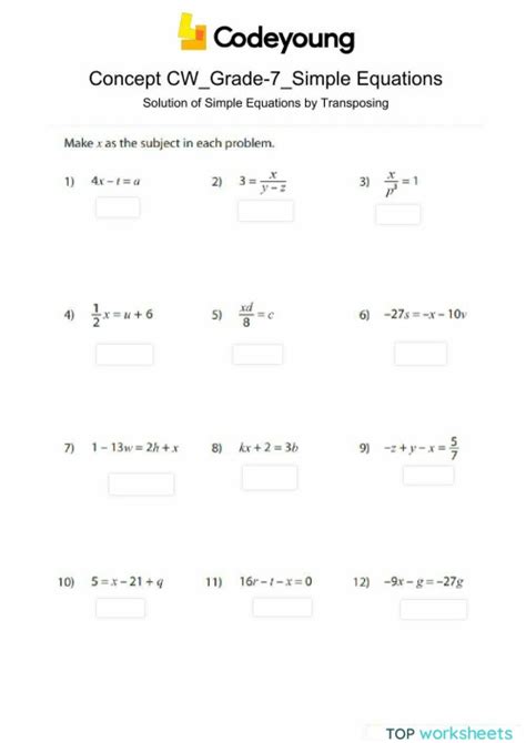 Solution Of Simple Equations By Transposing Concept Cw Interactive Worksheet Topworksheets