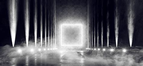 연기 공상 과학 소설 미래 지향적 인 네온 배경 큰 거 대 한 어두운 빈 그런 지 콘크리트 긴 홀 갤러리 룸 터널 복도 스포트