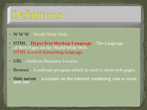 1 Introduction to HTML. 2 W W W – World Wide Web. HTML – HyperText Markup Language – The ...