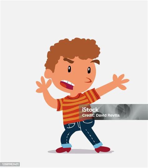 Caractère De Dessin Animé Du Petit Garçon Sur Des Jeans Argumentant