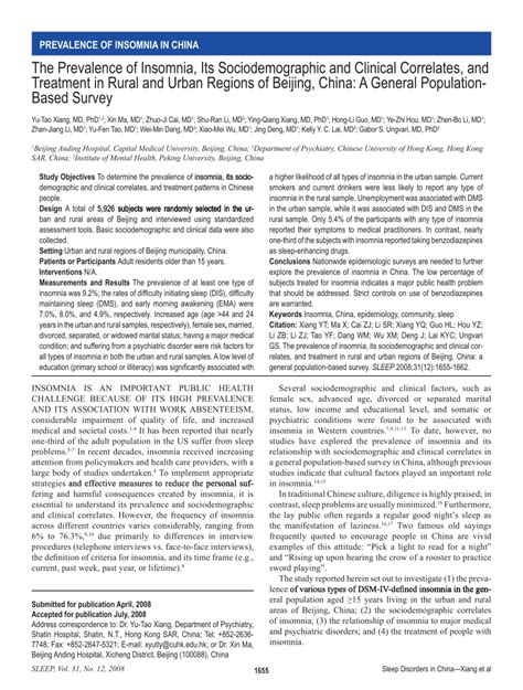 Pdf The Prevalence Of Insomnia Its Sociodemographic And Clinical