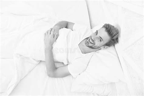 Woke Up In Good Mood Man Lye In Bed Early Morning Wake Up Man Rest