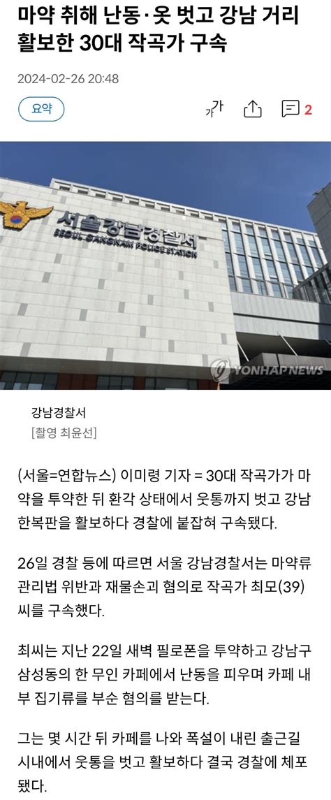 마약 취해 난동·옷 벗고 강남 거리 활보한 30대 작곡가 구속 유머움짤이슈 에펨코리아