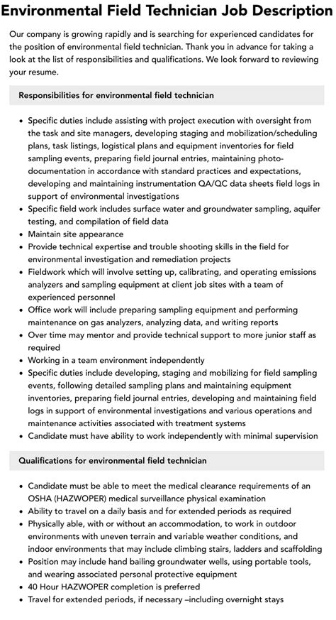 Environmental Field Technician Job Description Velvet Jobs