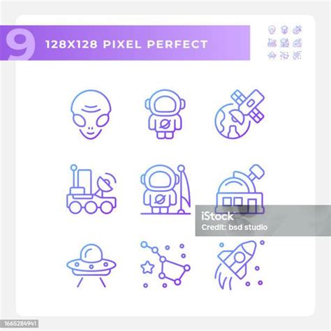 宇宙探査ピクセル完全グラデーション線形ベクター画像アイコンセット ステッカーのベクターアート素材や画像を多数ご用意 ステッカー 宇宙