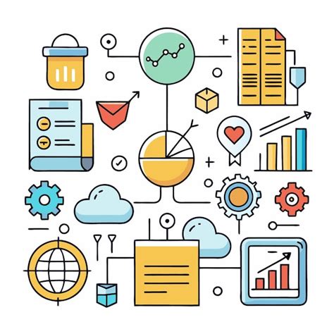 Colorful Business Process Illustration With Icons Of Charts Graphs Documents Gears And Clouds