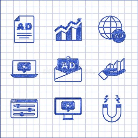 Set Advertising, Monitor with Star, Magnet, Pie Chart Infographic, Browser Setting, Laptop, and ...