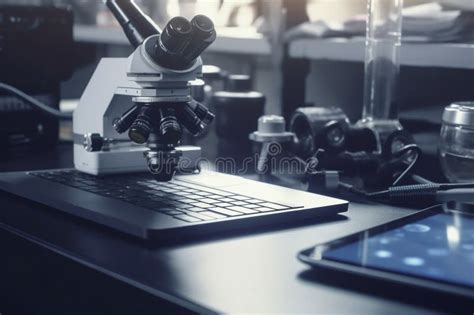 Microscope And Laptop Computer On Laboratory Desk Ai Generative Stock