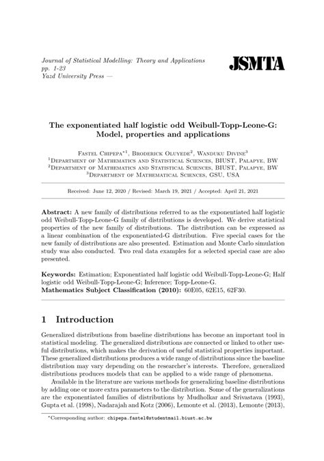 Pdf The Exponentiated Half Logistic Odd Weibull Topp Leone G Model