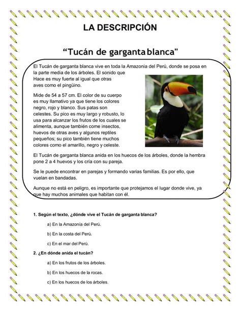 Comprensión de textos worksheet for segundo grado Textos descriptivos