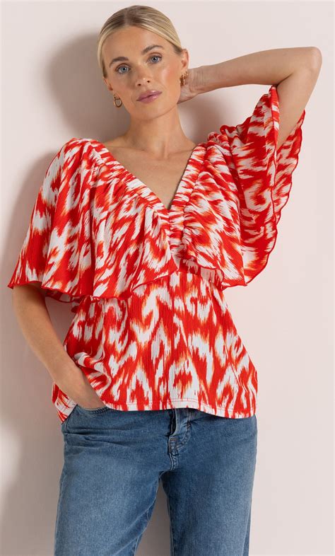 Printed V Neck Top In Red Klass