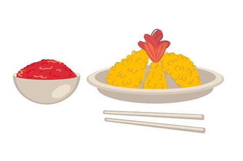 에비 후라이는 돈까스 소스를 곁들인 접시에 새우를 구웠다 티 포스터 메뉴 및 인쇄에 적합합니다 장식과 디자인에 대 한 벡터