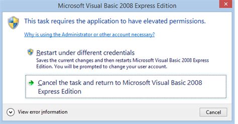 vs 2008 [resolved] ide message in w8 this task requires elevated