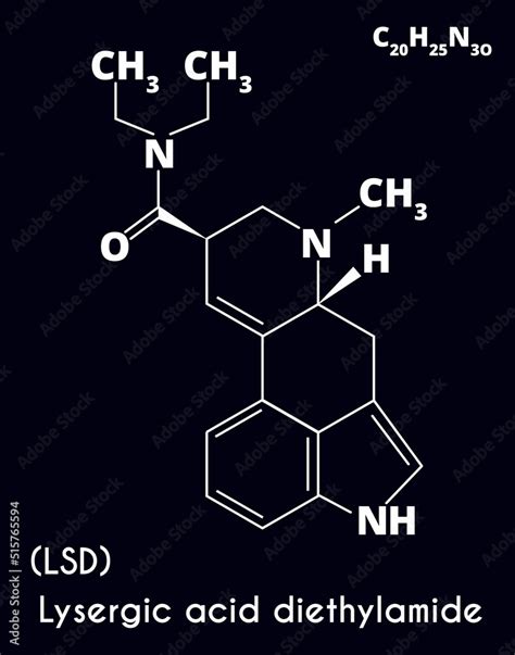 Lsd Molecule Isolated On Black Background Recreational Drug Vector
