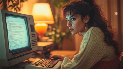 Vintage Computing Woman Coding Premium Ai Generated Image