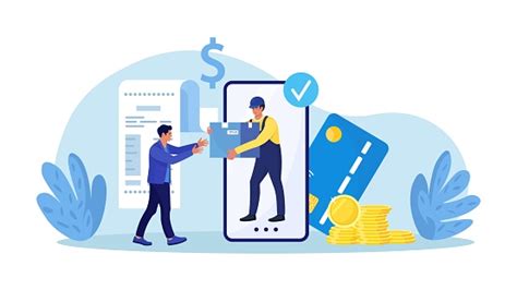 온라인 쇼핑 또는 빠른 안전한 배송 서비스 전화 화면에서 나오는 쇼핑 상자를 들고 있는 택배 기사 소포를 받는 고객 모바일 앱을 통한 온라인 주문 및 결제 인터넷 전자상거래