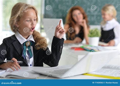 Teacher With Two Girls At Lesson Stock Image Image Of Happy Adult