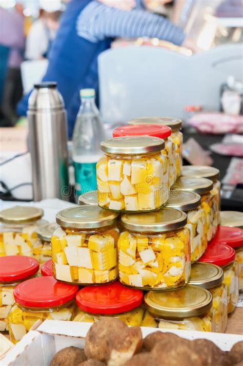 Pickled Feta In A Jar Farm Products Are Presented At The Fair Stock