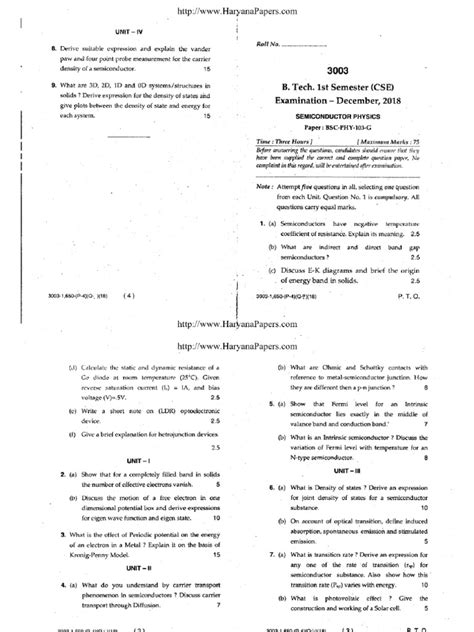 Btech Cse 1 Sem Semiconductor Physics 3003 Dec 2018 Pdf