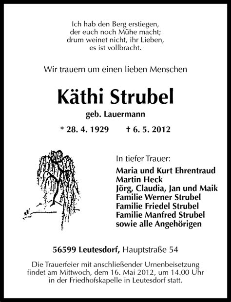 Traueranzeigen Von Käthi Strubel Rz Trauerde