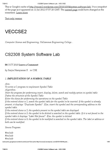 cs2308 system software lab veccse2 pdf assembly language c programming language