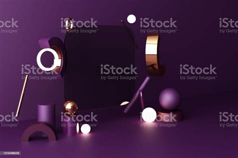 제품 디자인 3d 렌더링 3d 일러스트레이션을 위해 보라색 색상 연단으로 기하학적 모양의 금색과 유리 질감의 구성을 모의 양식