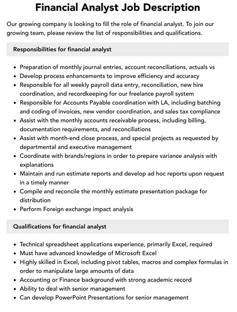 Financial Analyst Job Description Velvet Jobs