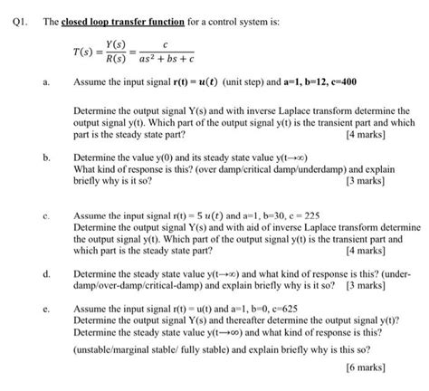 solved q1 the closed loop transfer function for a control