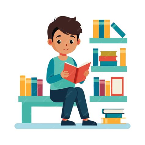 Ребенок читает книгу в библиотеке с иллюстрацией мультфильма Премиум