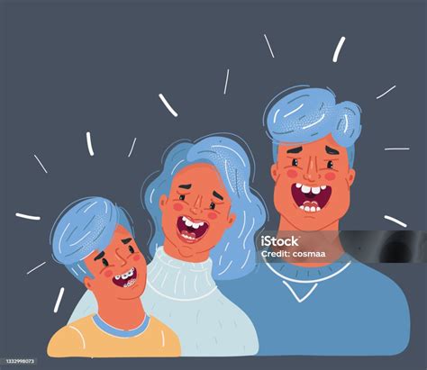 웃는 가족의 벡터 일러스트 아버지 어머니와 아들 남자와 여자 코믹 얼굴 표정 어두운 배경에 유머 장면 0명에 대한 스톡 벡터