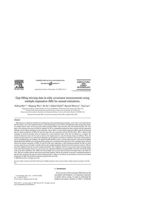 Gap Filling Missing Data In Eddy Covaria Agricultural And Forest Meteorology 121 2004 93