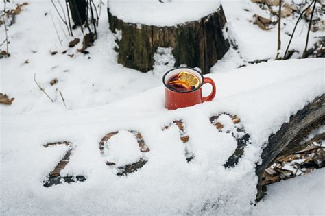 비문 2019 눈 속에서 겨울 눈 덮인 숲에서 Mulled 와인 한잔과 함께 새 해의 이브 개념입니다 눈송이와 크리스마스 배경