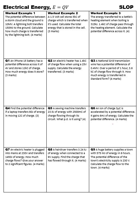 Electrical Energy Transfers E Qv Slop Calculations Worksheet With Answers Teaching Resources