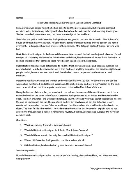 Reading Comprehension Worksheets Tenth Grade Reading Comprehension