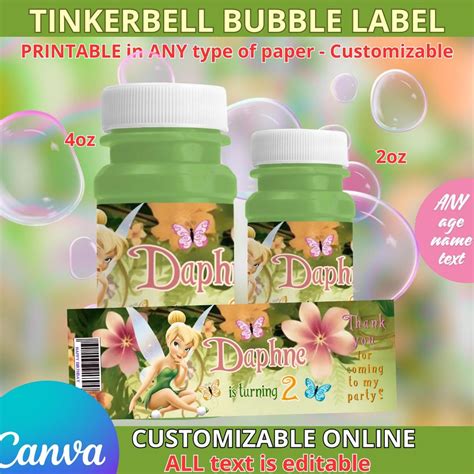 Tinker Bell Bubble Label Templete 4 And 2oz Editable In Canva Etsy